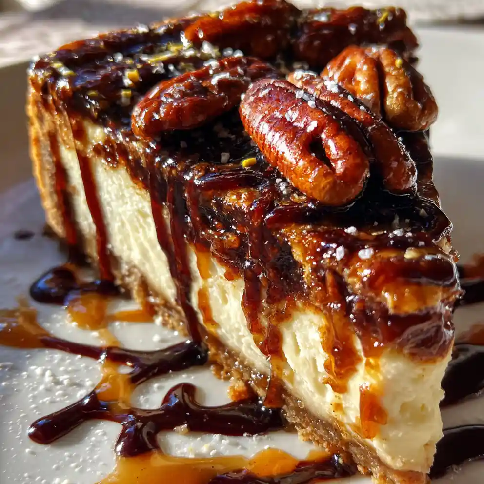 turtle cheesecake recipe with Salted Date-Caramel and Cardamom Pecans